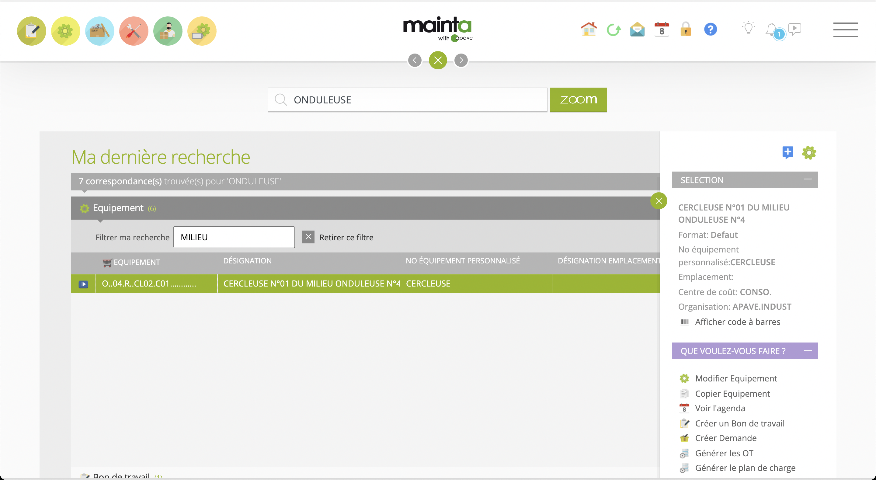 Fonction moteur de recherche dans GMAO Mainta